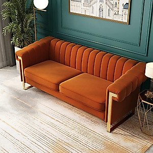 STORFENBOR 83'' Velvet Sofa, Chesterfield Velvet Upholstered Mid-Century Modern Loveseat, Ring Anti-Crash Design Armchair Feet, 3 Seat Living Room Apartment Large Comfort Sofa (Orange)