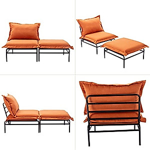 Modern Linen Fabric Accent Chair with Ottoman Set, Upholstered Lounge Chair with Black Metal Legs Comfy Recliner Chair with Back Large Living Room Chair with Footrest Sofa Bed for Bedroom, Orange