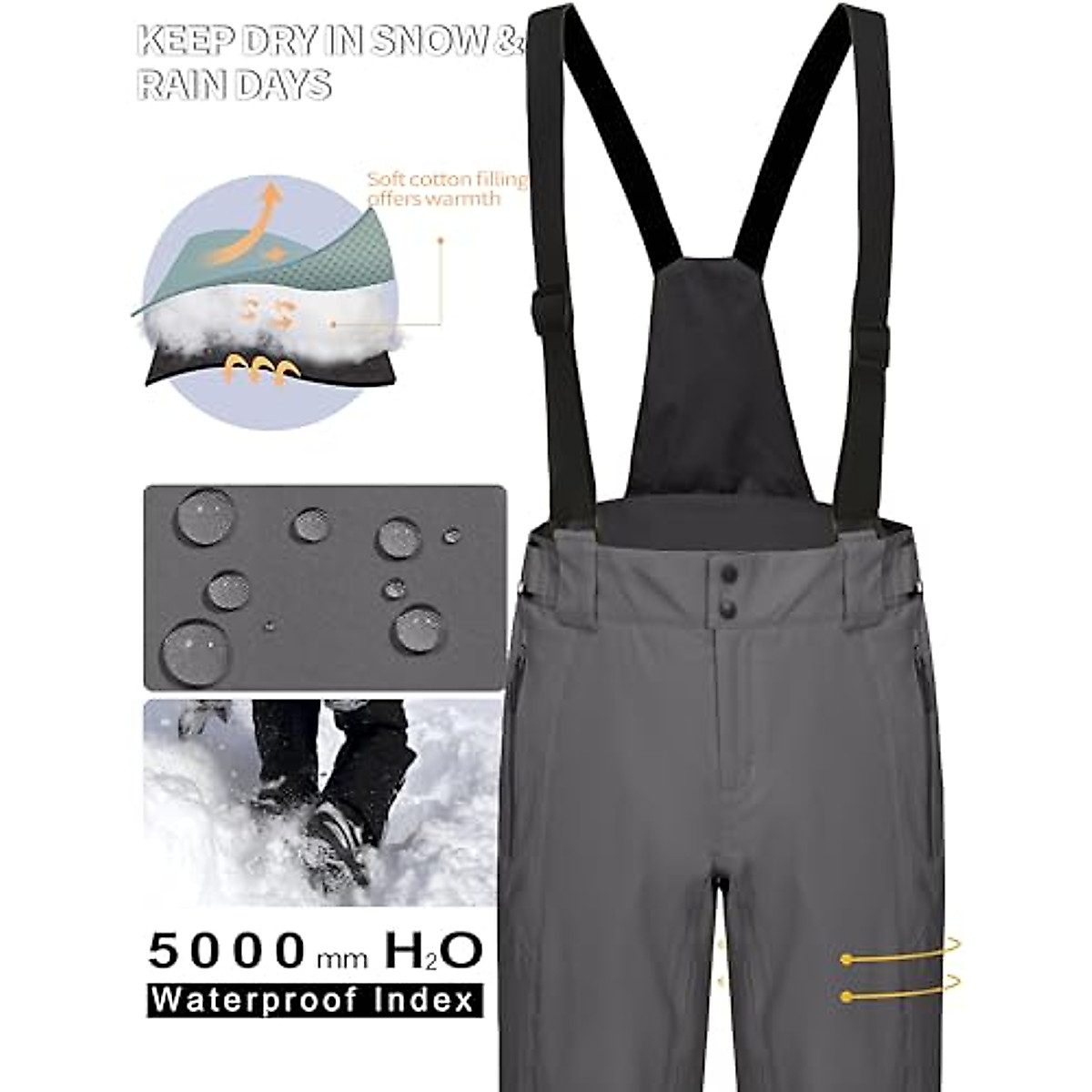 Mapamyumco Men's Ski Bib Pants Snow Insulated, Snowboard Hiking Pants Waterproof Windproof with Detachable Suspenders Iron Gate XL