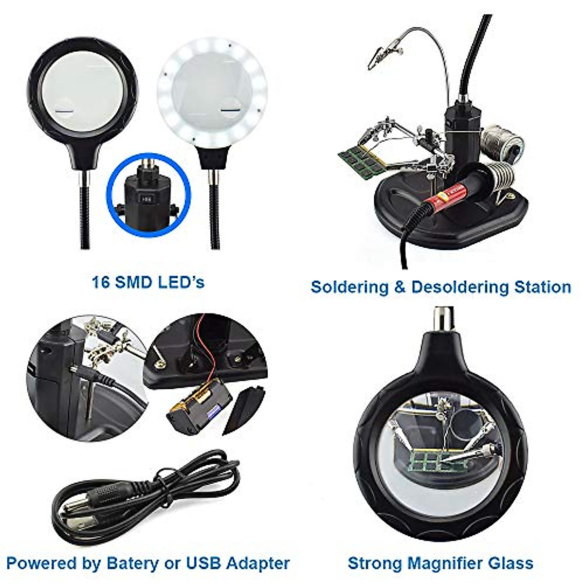 MMOBIEL LED Light Helping Hand Magnifier Station for Soldering, Assembly, Repair,Modeling, Hobbies and Crafts - 2.5X /4X LED Light - Hands-Free Magnifying Glass Stand - Incl. Clamp and Alligator Clips