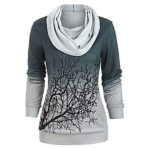 CapsA Women Womens Cowl Neck Tunic Sweatshirt Button Pullover Hoodies Plus Size Halloween Tree Print Convertible Collar Sweatshirt Green