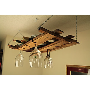 Hanging wine bottle and glass rack made from oak wine barrel staves