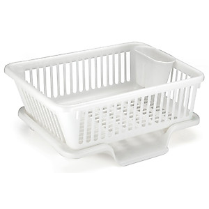 Basicwise Plastic Dish Rack with Drain Board and Utensil Cup