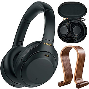 Sony WH1000XM4/B Premium Noise Cancelling Wireless Over-The-Ear Headphones Bundle with Deco Gear Wood Headphone Display Stand and Protective Travel Carry Case