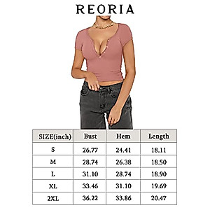 REORIA Women’s Summer Sexy Casual Henley V Neck Button Down Short Sleeve Going Out Y2K Ribbed Tshirts Crop Tops Coffee Large