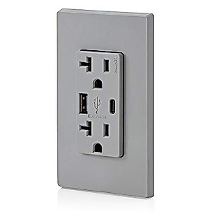 Leviton T5833-GY 20-Amp Type-C USB Charger/Tamper Resistant Receptacle, Gray
