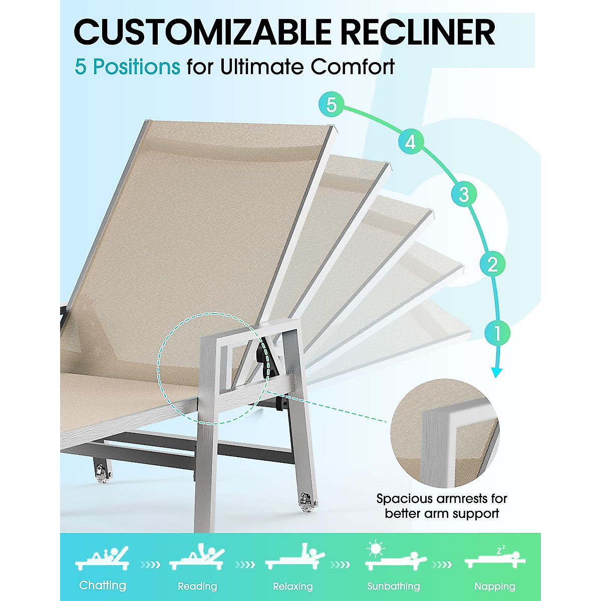 Patio Chaise Lounge Chair Outdoor with Wheels&Armrests, Aluminum Pool Lounge Chairs Set of 2 Five-Position Adjustable Recliner, Outdoor Beach Lounge Chairs for Poolside, Patio, Deck, Yard, Khaki
