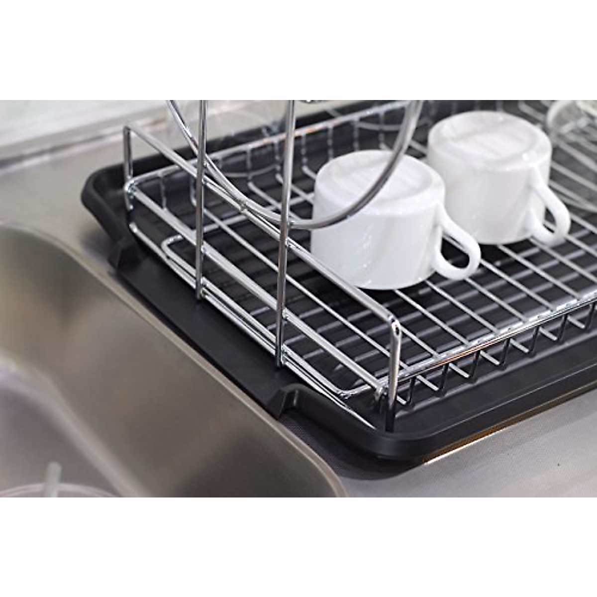 Deluxe Chrome-plated Steel 2-Tier Dish Rack with Drainboard/Cutlery Cup (BlackII)