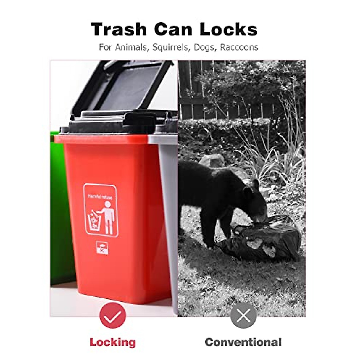 Mellbree Trash Can Lid Lock, 2Pcs Stainless Steel Outdoor Trash Can Strap Lock for Animals, Squirrels, Dogs and Raccoon Lid Lock Garbage Can