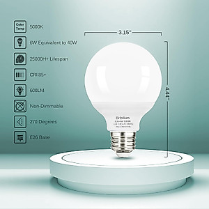 Brtstiun G25 LED Light Bulbs, Round Vanity Light Bulbs for Bathroom, 40W LED Light Bulbs Equivalent, Daylight White 5000K, Globe Light Bulbs E26 Base, 600LM, Non-Dimmable, 4-Pack