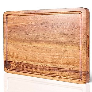 COCOBOSS Acacia Wood Cutting Board for Kitchen Wood Chopping Board - with Juice Slot and Convenient Handles (Medium 15"L x 10"W x 1"Th)