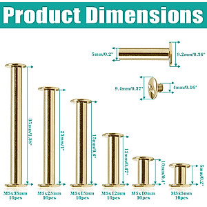 Uenhoy 60 Set Gold Chicago Screws Assorted Kit M5 x 5/10/12/15/25/35mm, Metal Screw Posts Nail Rivet Chicago Button for DIY Leather Crafts Bookbinding, Round Phillips Head Stud Screw