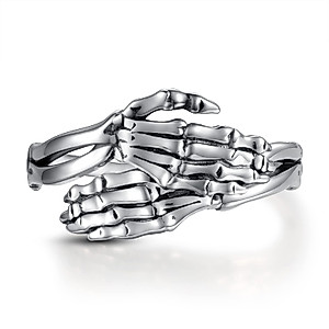 Mic Tai Hug Ring Sterling Silver Adjustable Vintage Punk Gothic Skeleton Hugging Hands Rings Inspirational Jewelry Gift for Women