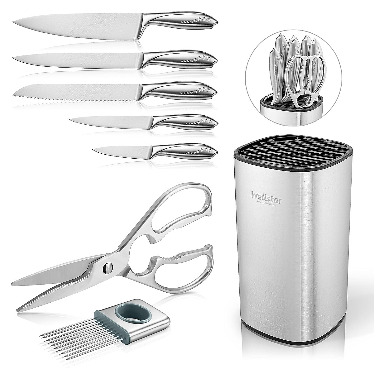 WELLSTAR Sharp Kitchen Knives 5 Piece Set, Chef Carving Bread Utility Paring Knife + Come Apart Heavy Duty Chicken Meat Scissors Shears with German Stainless Steel Blade + Universal Knife Block Holder