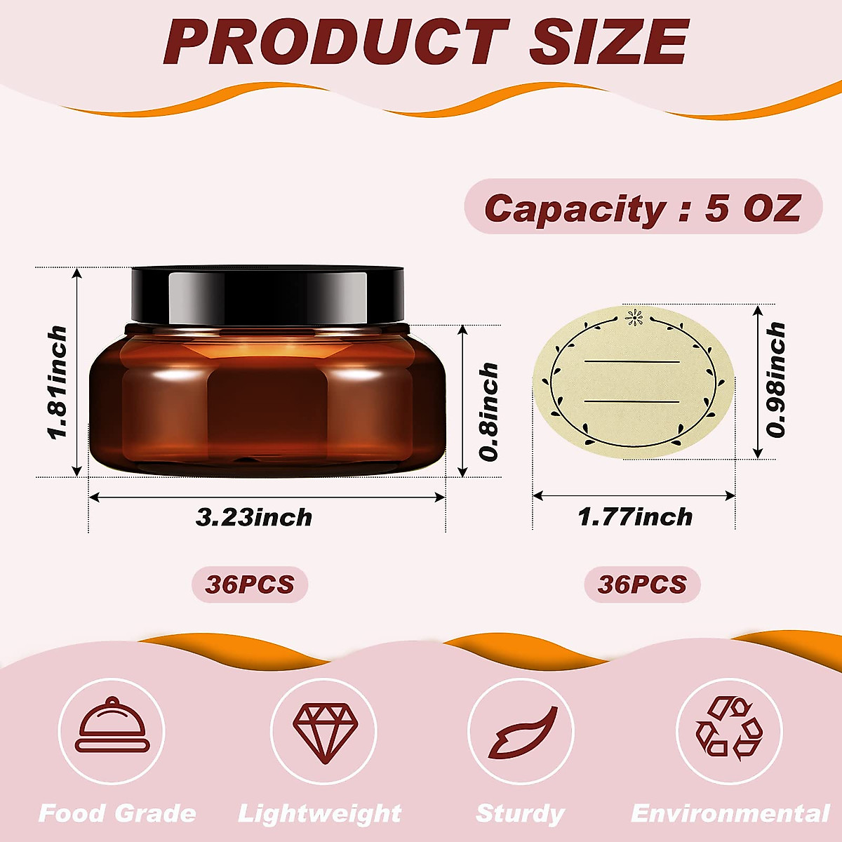 Didaey 36 Pack 5 oz Plastic Cosmetic Containers with Lids Labels Plastic Jars with Lids Travel Refillable Cosmetic Jars Containers for Lotions Body Scrub Body Butter Creams(Amber)