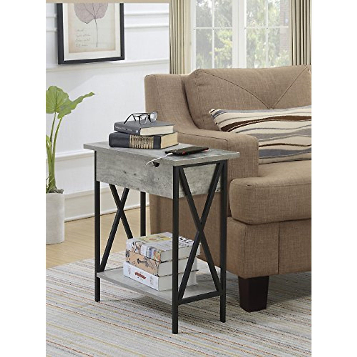 Convenience Concepts Tucson Flip Top End Table with Charging Station and Shelf, Faux Birch