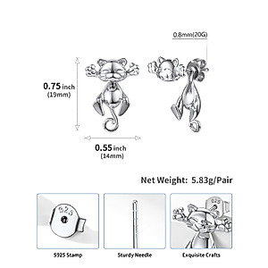 925 Silver Cute Cat Earrings Stud Solid Sterling Jewelry " Kiss me Hug Me" 3D Kitten Ear Jacket Earring for Women Teen Girls