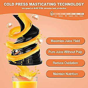 LynTorin Cold Press Juicer Machine, Slow Masticating Juicer with Wide Feed Chute, Slow Masticating Juice Extractor for Fruit and Vegetable, Easy Clean Compact Cold Press Pure Juicer for Home Use