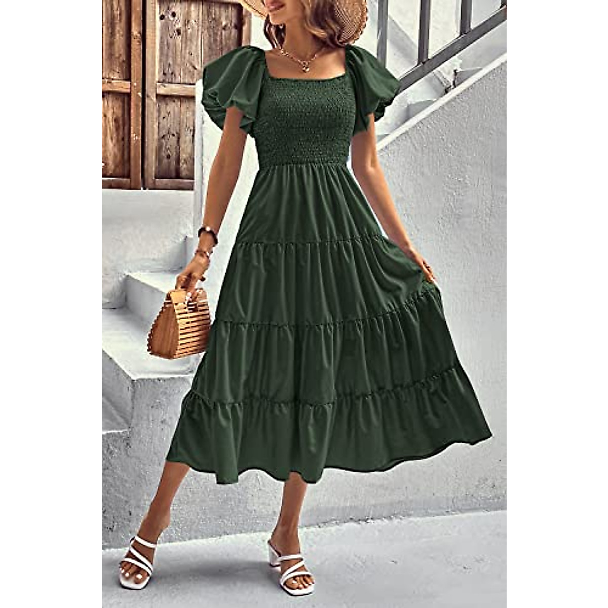 PRETTYGARDEN Women's Casual Summer Midi Dress Puffy Short Sleeve Square Neck Smocked Tiered Ruffle Dresses (Army Green,Medium)