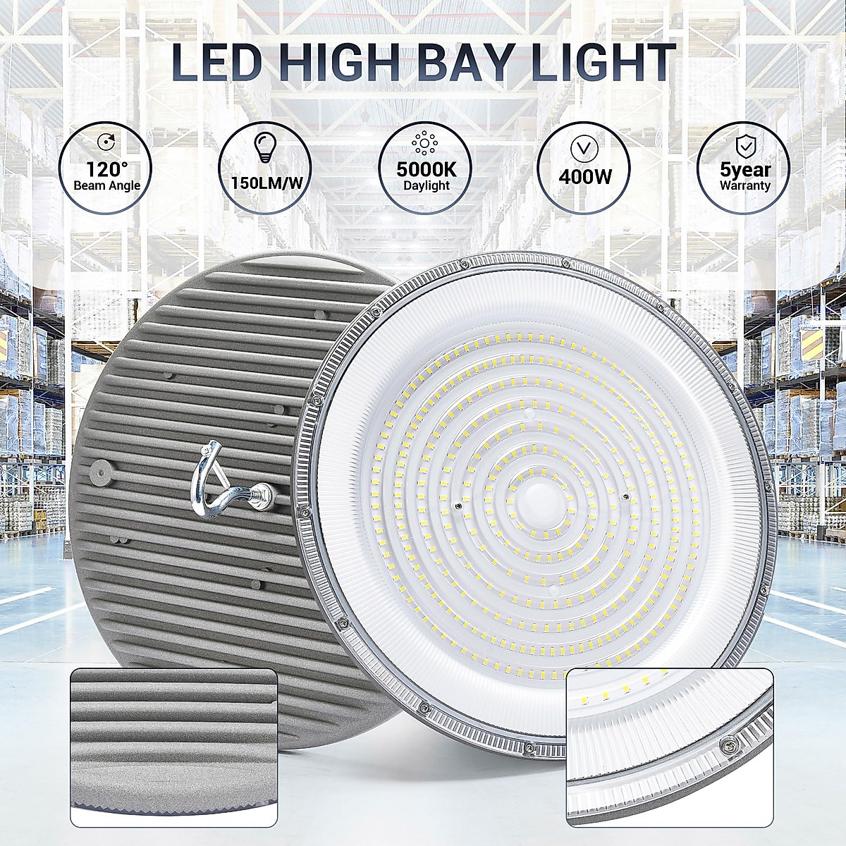 XYCN 6 Pack 400W UFO Led High Bay Light,100-277v,5000K Daylight Commercial Bay Lighting,IP66 Waterproof,61050LM,1750W MH/HPS With Plug Area Lighting For Warehouse/Shop/Workshop/Garage/Barn/Gym/Factory