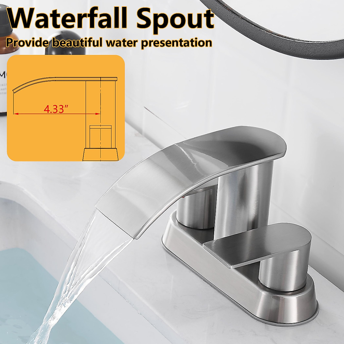 Waterfall Bathroom Sink Faucet 4 Inch Brushed Nickel Faucet Bathroom with Pop Up Drain 2 or 3 Holes Bathroom Basin Lavatory Mixer Tap with Deck Mount Plate