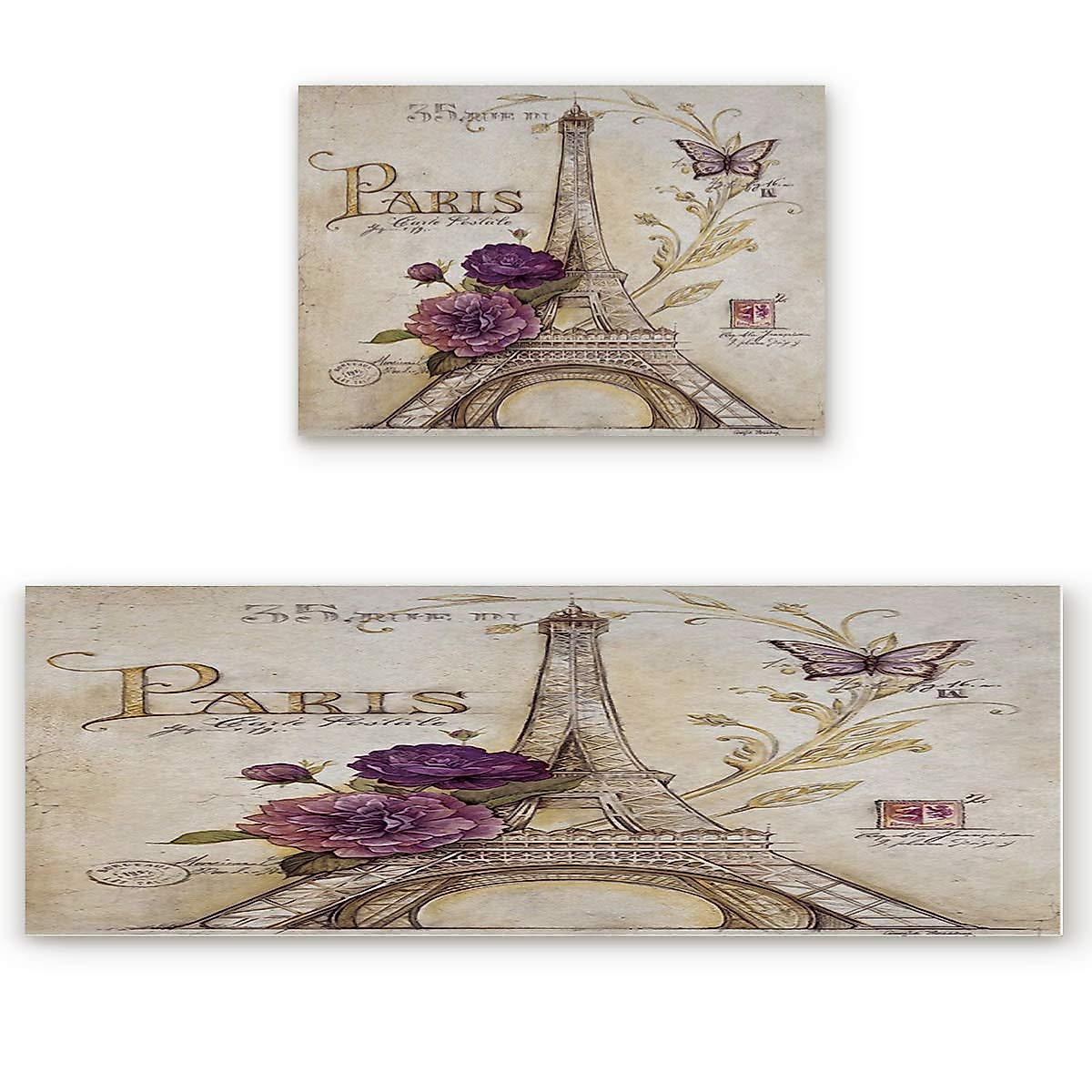 Kitchen Rugs, Eiffel Tower Paris Purple Flower Vintage Style Non Slip Long Runner Rug Mat for Floor, Kitchen, Bedside, Sink, Office, Laundry, Set of 2
