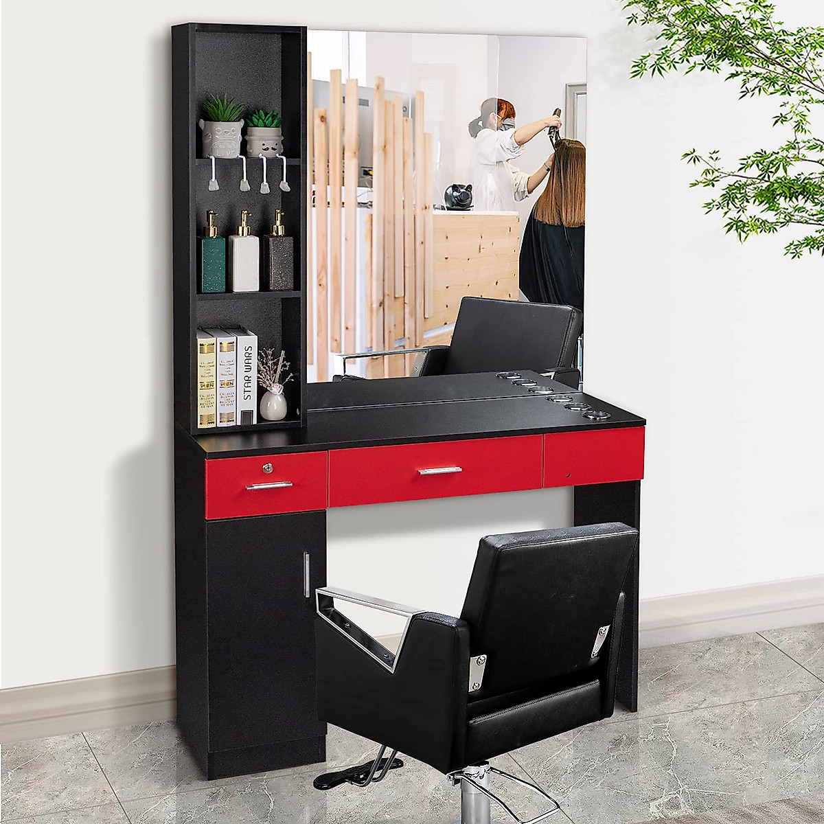 Mefeir Wall Mount Hair Styling Barber Station with Support Leg & Mirror,Hair Salon Equipment, Spa Furniture Set Red & Black