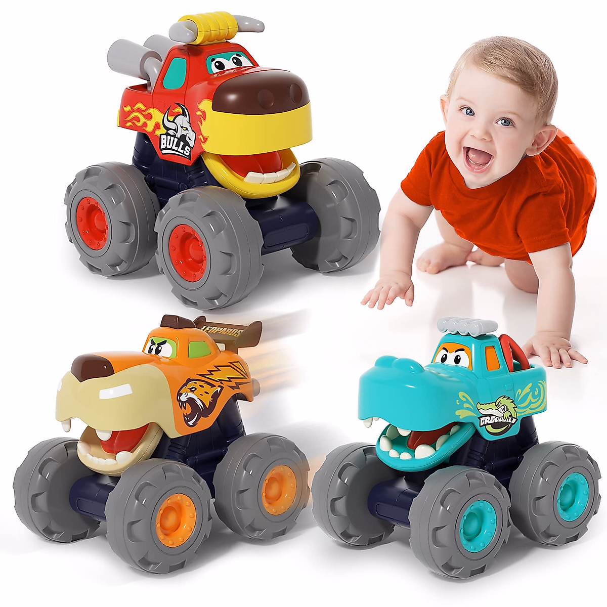 BABYFUNY 3 Pack Cars Toys for 1 Year Old Boy - Baby Monster Trucks Toy Cars for 2 Year Old Boys Dinosaur Toddler Trucks Toys, Pull Back Cars 1 2 3 Year Old Boy Gifts