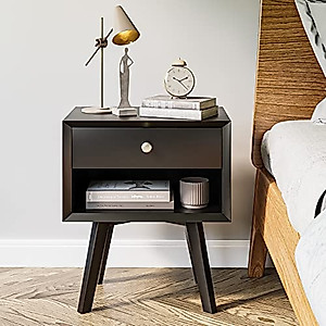 Black Nightstand with 1 Drawer Mid Century Modern Nightstand Wood Bed Side Table for Bedroom 24 Inch Tall Bedside Table Night Stand with Drawers Farmhouse End Table Mesas De Noche para Cuartos