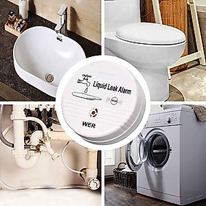 WER Water Leak Alarm Sensor, Battery Operated Leak Alert, 90dB Water Detector for Basements, Bathrooms, Laundry Rooms, Kitchens, Garages and All Office Areas (Shipped Without Battery, 4 Pack)
