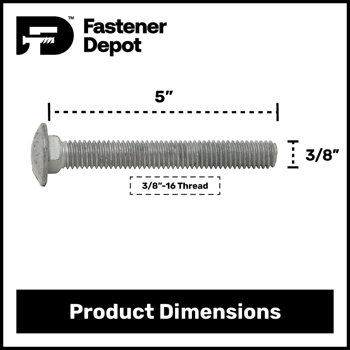 3/8"-16 x 5 Hot Dipped Galvanized Carriage Bolt w/Nuts & Flat Washers, Grade A, Full Thread, Quantity 50 - by Fastener Depot, LLC