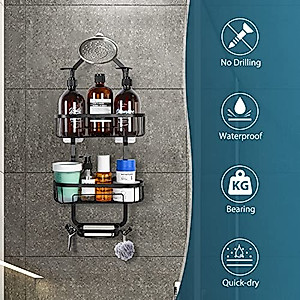 GAKEIHOO Hanging Shower Caddy, Non Drilling Shower Caddy Over Shower Head with Hooks for Razor and Sponge, Rustproof Shower Racks for Inside Shower for Bathroom & Shower Room(Black)