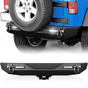 EYOUHZ Rear Bumper Compatible with 2007-2018 Jeep Wrangler JK JKU Unlimited Rock Crawler Rear Bumper Built-in 2" Hitch Receiver, D-Rings and 2 x 18W LED Lights for 2/4 Doors (Textured Black)