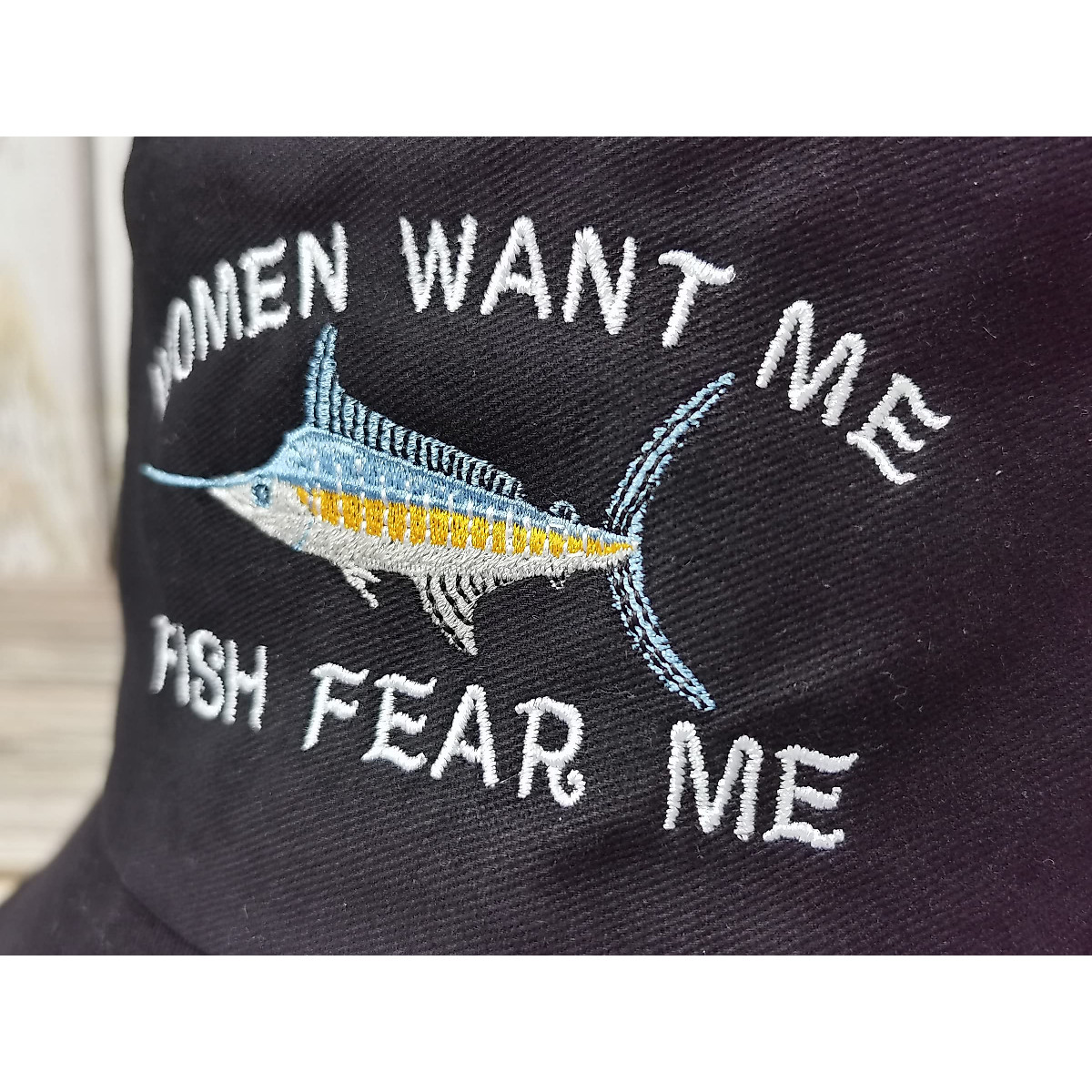 Enodtter Women Want Me Fish Fear Me Embroidered Bucket Hat, Black Embroidery Beach Sun Hat Summer Travel Fisherman Cap