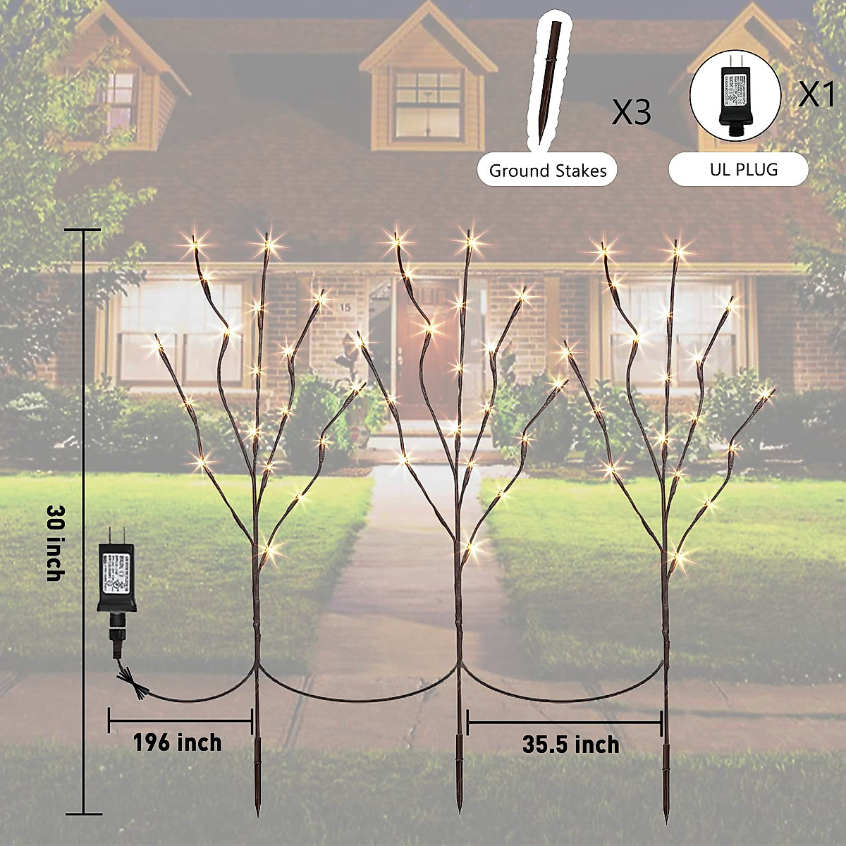 PEIDUO Lighted Willow Branch 30Inch 3PK 60L LED Pathway Lights for Christmas Room Decoration Indoor Apartment Outdoor Stake Lights for Lawn