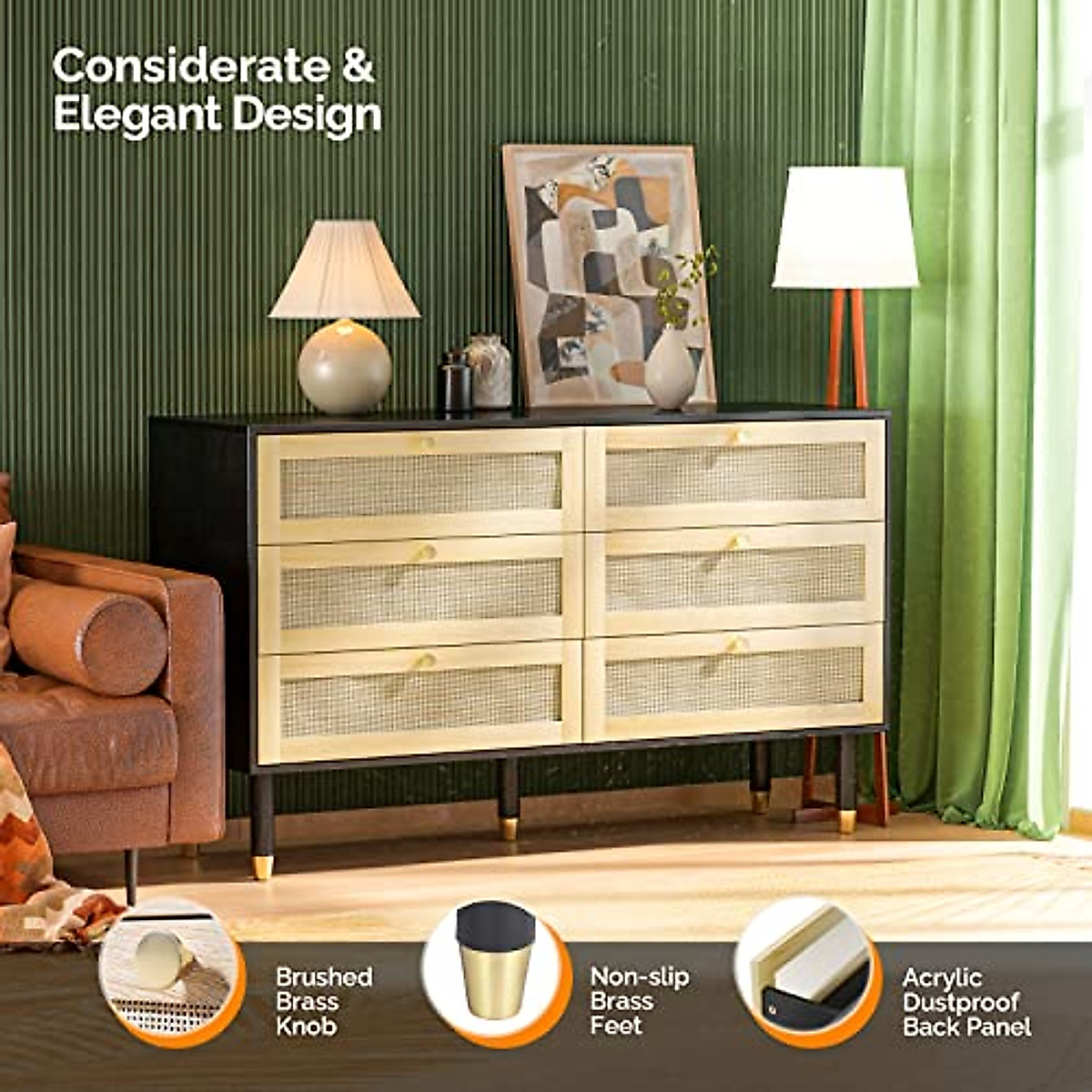 VINGLI Rattan Dresser 6 Drawers for Bedroom Black Boho Wicker Drawer Chest Mid Century Modern Cane Bedroom Furniture, 55" (W) x 17.8" (D) x 33" (H)