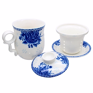 Ameolela Porcelain Tea Cup with Infuser Lid and Saucer Sets - Chinese Jingdezhen Ceramics Coffee Mug Teacup Loose Leaf Tea Brewing System for Home Office