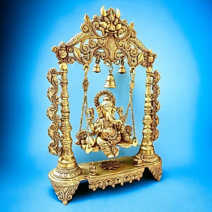 ROYALSTUFFS Brass Ganesha Idol Murti Sitting on Jhula for Worship Temple Home, 66 cm Height