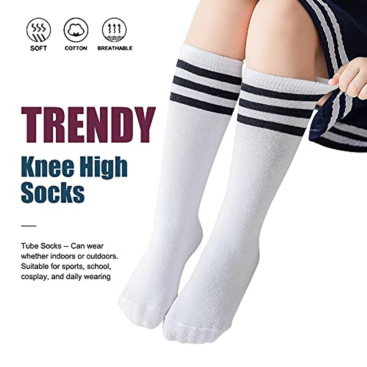 DOOVID Kids Soccer Socks Three Stripes Knee High Socks Cotton Sports Socks Toddler Boys Girls Uniform Tube Socks White Blue Red