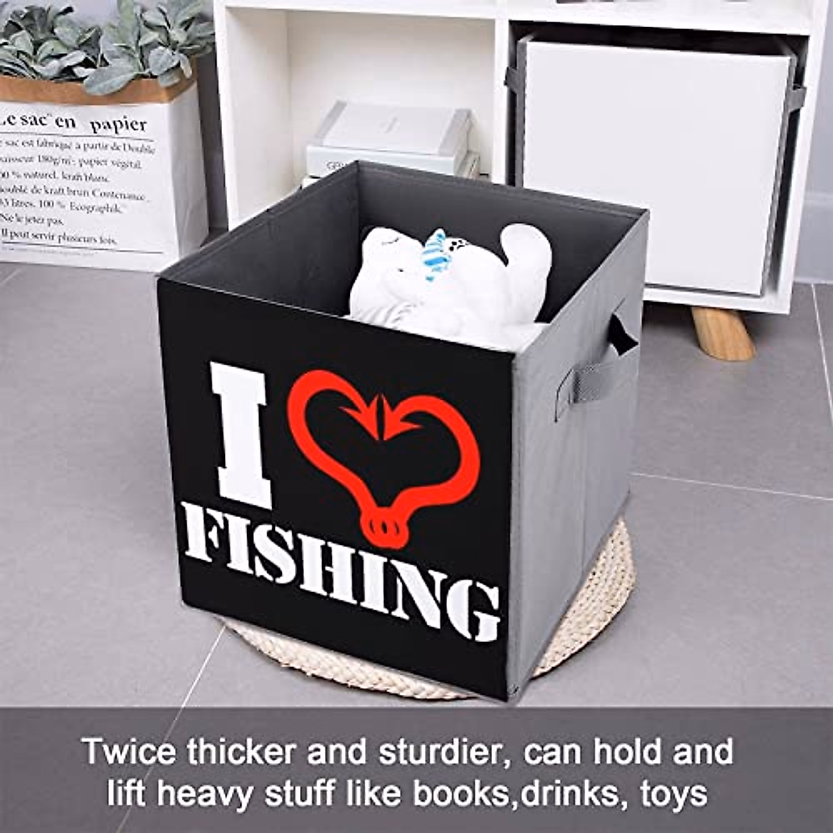 I Love Fishing Hook Foldable Storage Bins Printd Fabric Cube Baskets Boxes with Handles for Clothes Toys, 11x11x11