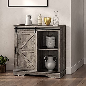 Ahvqevn Farmhouse Coffee Bar Cabinet, 33.64" Coffee Bar Cabinet with 2 Drawers and 3 Open Storage Shelf, Kitchen Hutch Buffet Storage Cabinet Design for Kitchen, Living Room, Entryway, Grey