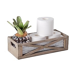 Venalys Wooden Toilet Tank Basket, Rustic Bathroom Decor Box, Farmhouse Toilet Paper Organizer Holder, Decorative Bathroom Storage Basket, Barn Door (Gray)