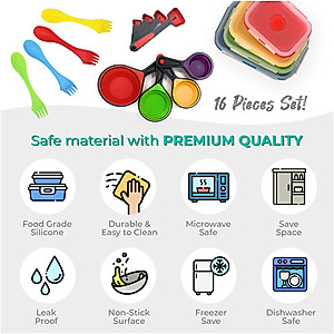 Collapsible Silicone Food Storage Containers - 16 Pcs Set with Lids Made by Silictek - Food Grade Travelling Measuring Cups - Measuring Spoons & Sporks- Portable & BPA Free - 4x Each
