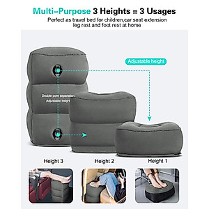 Inflatable Foot Rest for Air Travel, Airplane Footrest Adjustable Height Travel Foot Pillow Kids Bed,Portable Foot Rest Pillow for Kids & Adults on Plane,Car,Train,Office 2Pack (Dark Grey)