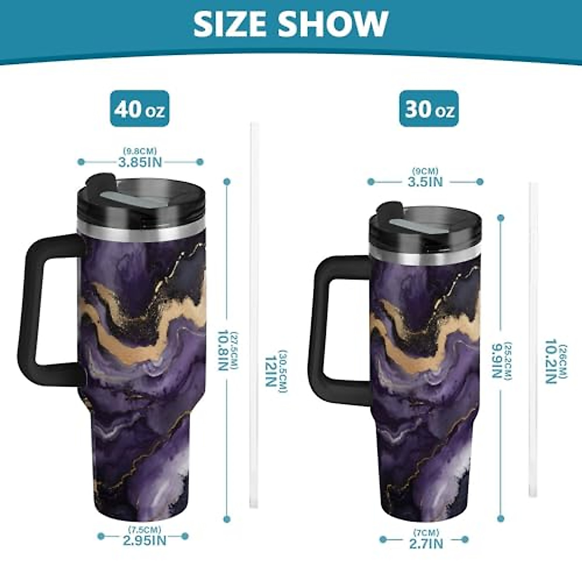 SEHANY Purple Marble 40 Oz Tumbler with Lid and Straw, Double Vacuum Stainless Steel Insulated Sports Water Bottle Cup Holder Friendly Leak-Proof Travel Coffee Cup for Iced Drink