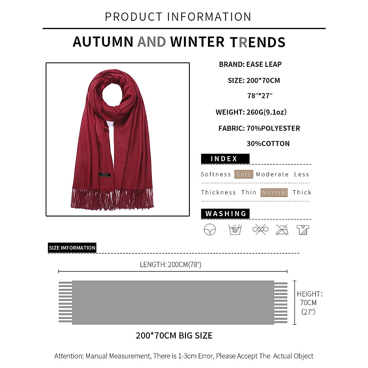 EASE LEAP Pashmina Scarfs for Women Silky Shawls and Wraps for Evening Dresses Soft Large Scarves Wedding Warm Stylish Solid Color, Wine Red