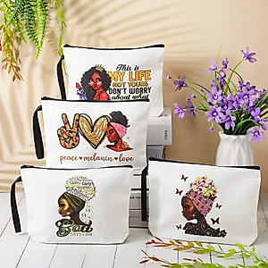 Roowest 4 Pcs African American Makeup Bag Black Women Cosmetics Bag Inspirational Gifts Travel Zippered Toiletry Bag Canvas Makeup Pouch Reusable Multi Purpose Organizer for Women Lady