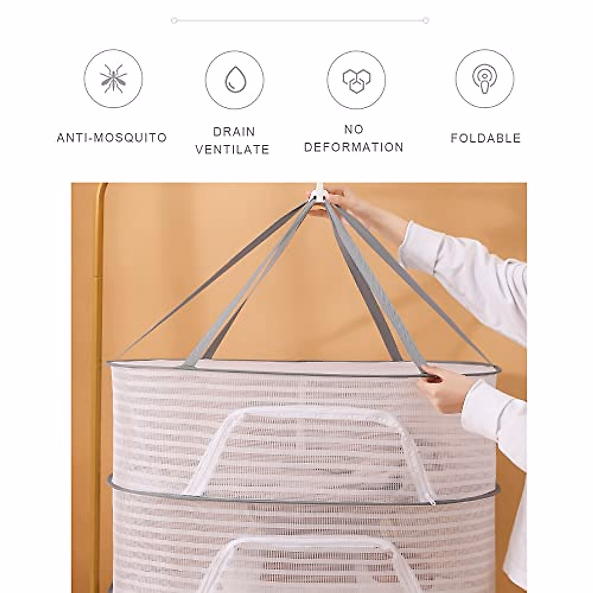 Bakidn Herb Drying Rack 3 Layer Hanging Mesh Net for Plants Hanging Drying Fish Net Foldable Hanging Mesh Dryer for Buds, Fruits, Hydroponics Flowers, Vegetables, Fish, or Clothes, Doll