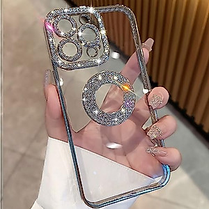 Changjia for iPhone 13 Pro Max Clear Glitter Case,Cute Bling Sparkle Shiny with Rhinestones Diamond Camera Protection Logo View Soft Plating Bumper Women Girls Case for iPhone 13 Pro Max 6.7" (Silver)