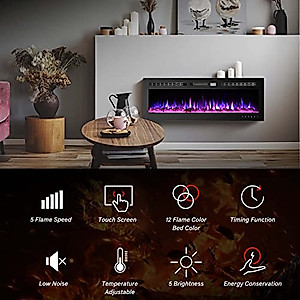 50 inch Electric Fireplace Wall Mounted, Led Fireplace, Wall Fireplace Electric with Remote Control, Electric Fireplace Inserts, Adjustable Flame Colors and Speed